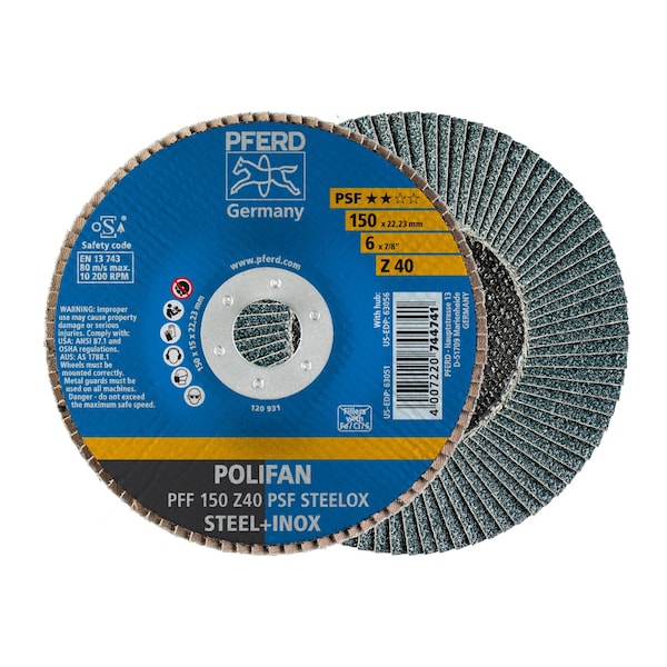 Pferd 6" x 7/8" A.H. POLIFAN Flap Disc - Z PSF STEELOX, Zirconia, 40 Grit, Flat 63051 | Zoro
